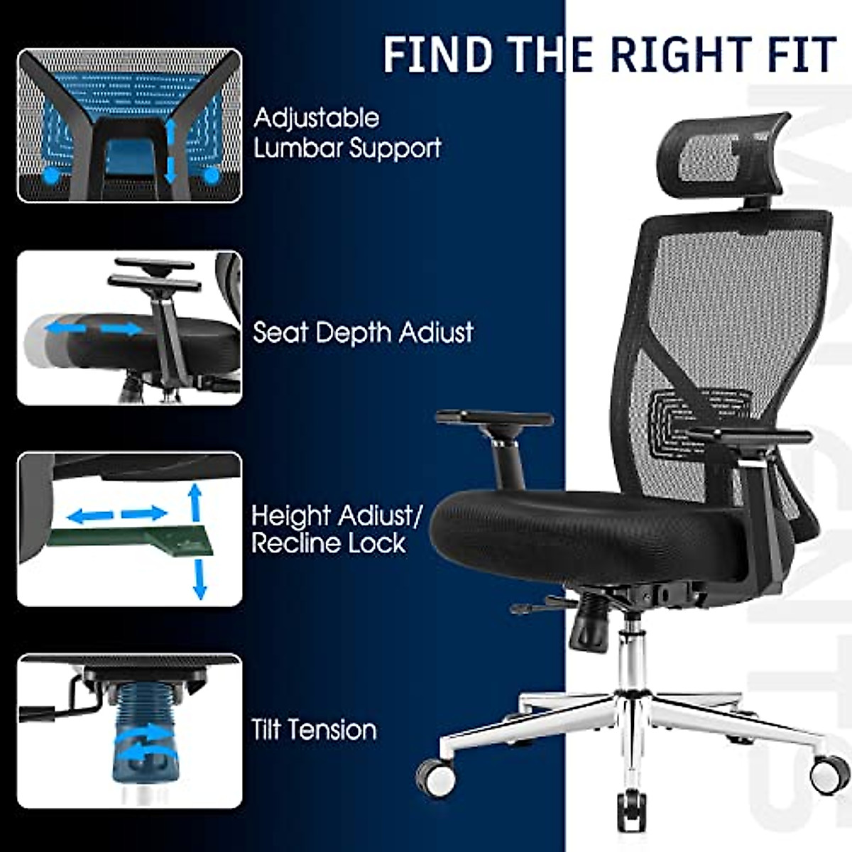 MOLENTS Ergonomic Office Chair,Mesh Computer Chair,Home office Desk Chair with Seat Slider,Adjustable Lumbar Support,Headrest,3D Armrest,Tilt Function,Comfort Swivel Executive Chair Rolling Task Chair