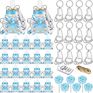 Suttmin 78 Pcs Baby Bottle Party Favors for Baby Shower 24 Mini Candy Bottles 24 Baby Footprint Bottle Openers 24 Thank Tags 6 Rose Flower for Boy Girl Baby Shower Party Decor(Blue, Silver)