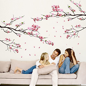 RW-KSR16 Pink Peach Flower Wall Decals Cherry Blossom Tree Branch Wall Stickers DIY Removable Florals Plants Wall Art Decor for Kids Girls Bedroom Livig Room Nursery Office Wall Decoration