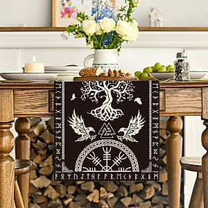 Artoid Mode Black Viking Tree of Life Raven Helmet of Awe Table Runner, Seasonal Kitchen Dining Table Decoration for Home Party Decor 13x72 Inch