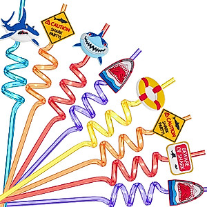 24Pcs Reusable Shark Straws -Plastic Crazy Straws Ocean Sea Birthday Party Favors Supplies with 2Pcs Cleaning Brush for Kids Boys Girls Gifts