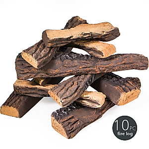 Barton 10-Pieces Ceramic Logs Set Gas Vented Fireplace Realistic Fire Log Stackable Logs Fire Place Fire Pit Insert Fireplace (10pcs) Wood Logs