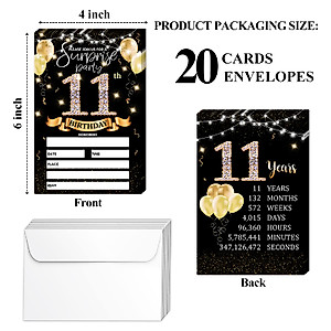 11th Birthday Party Invitation Card - Black Gold Invites with Birthday Sign Printing On The Back Double-Sided Fill-in Invites - 20 Cards with Envelopes for Party Favors - srgold-A01