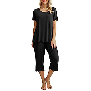 PrinStory Womens Pajama Sets Pajamas for Women Pajamas for Women Set Capri Pajama Pants Loungewear Sleep Sets for Women Soft Pjs for Women Set (Black L)