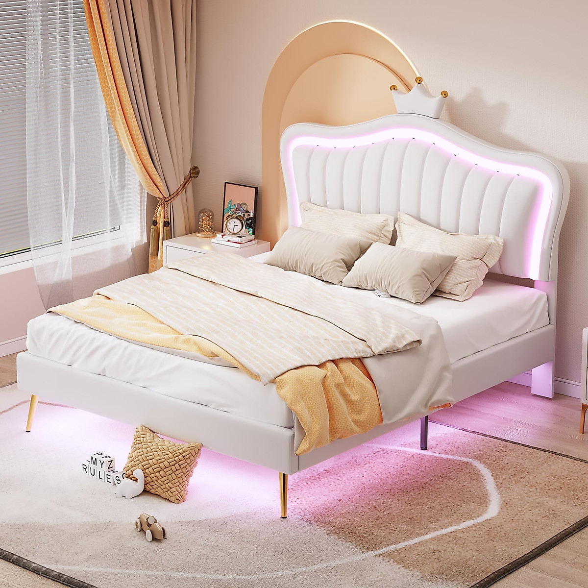 CITYLIGHT Queen Size Upholstered Princess Bed with Crown Headboard, Wood Cute Kids Bed Frame Queen with LED Lights and Metal Legs for Girls, No Box Spring Required (Queen,White)