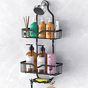 Kerisgo Hanging Shower Caddy, Over Head Shower Caddy Shower Organizer Rack with Soap Dish, Shower Storage Basket for Shampoo, Conditioner, Razors, Soap, Shower Sponge (Black)