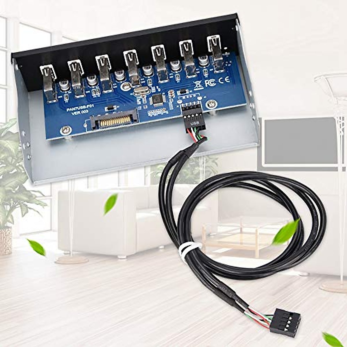 7 Port USB Hub Drive Bay,USB Hub Box Panel,USB2.0 Lossless Data Transmission USB Hub Drive Panel with 9pin-9pin Cable,Front Panel Hub for Scanner, Typewriter, Digital Camera