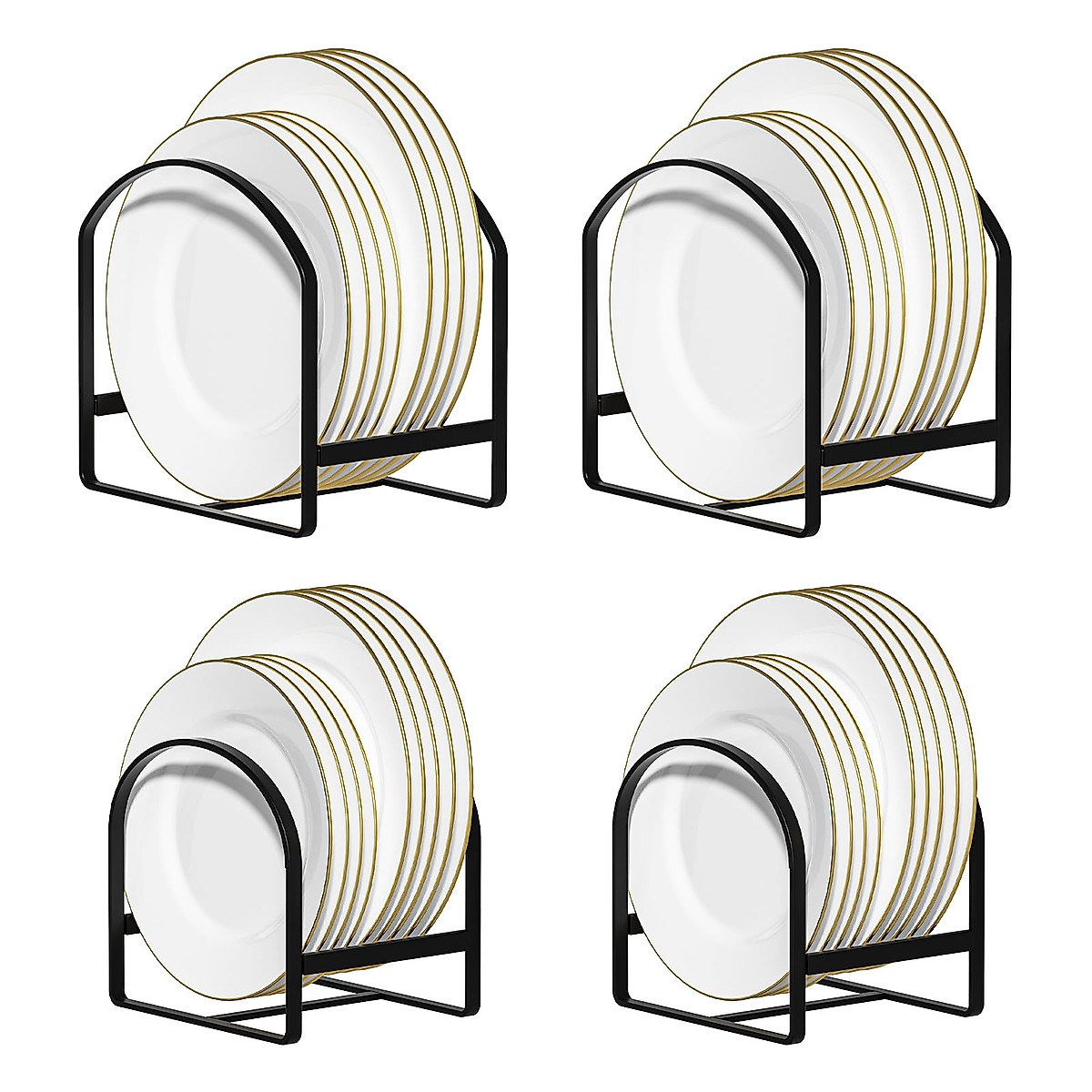 4 Pack Kitchen Plate Holder Organizer for Cabinet Space Saver Dinner Dish Plate Storage Rack Upright Dish Drying Racks Metal Plate Dish Racks Stand for Cupboard and Countertop 2 Large 2 Small Black