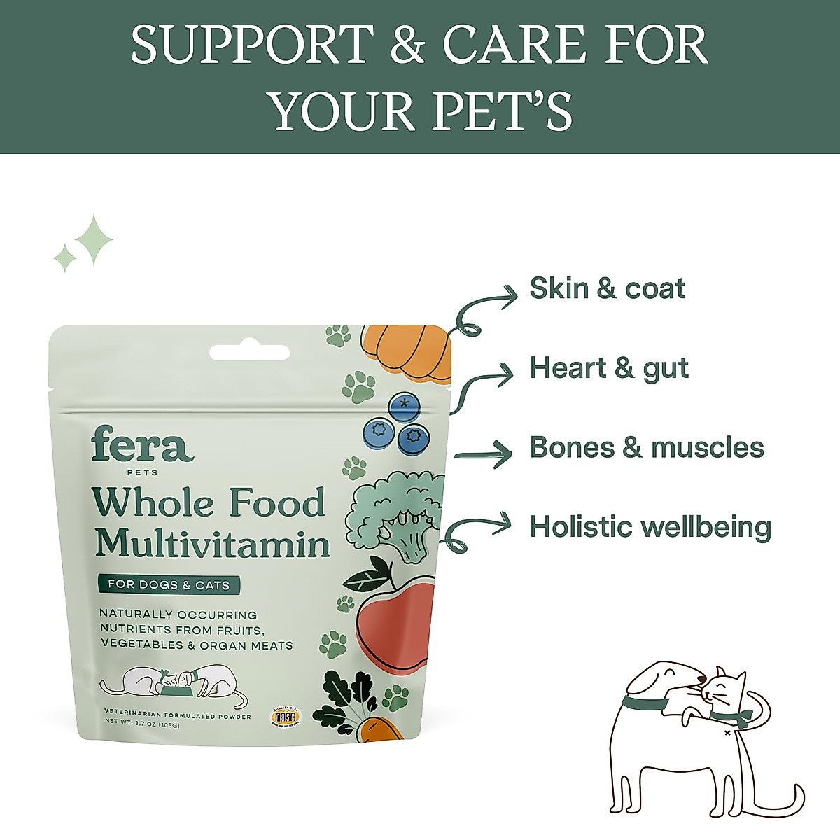 Fera Pet Organics Whole Food Multivitamin Cat and Dog Food Topper - Vet Created Cat & Dog Vitamins Plus Minerals, Micronutrients, Prebiotics and Probiotics – Powder Supplement - 3.7oz