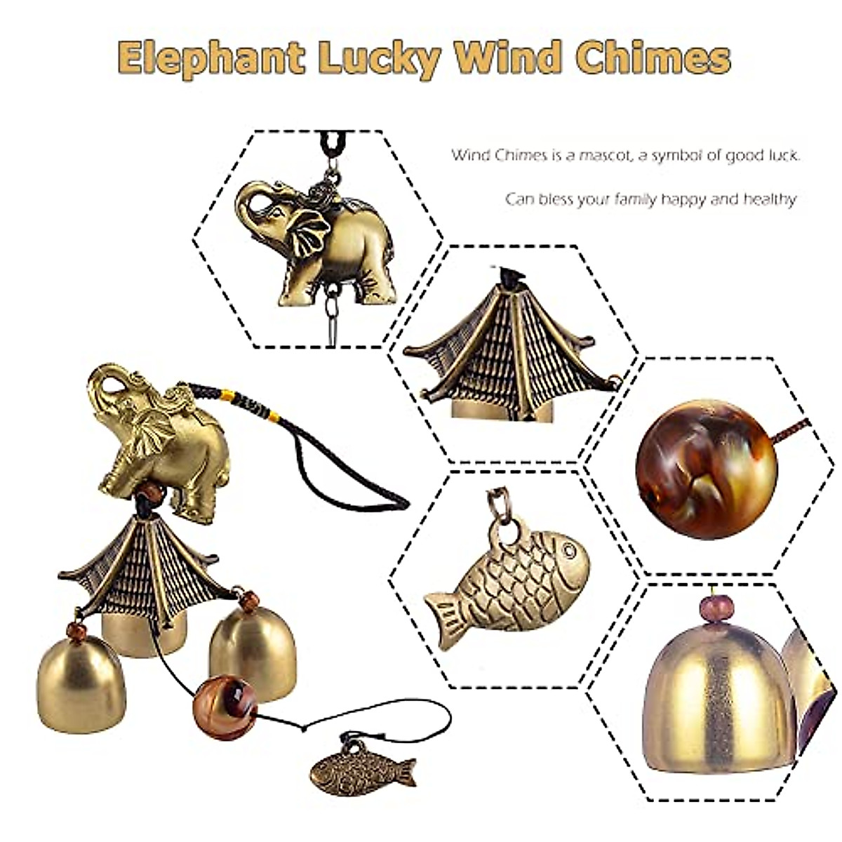 Hooshing Elephant Wind Chimes Metal Bronze Bells Feng Shui Wind Chimes for Lucky Outdoor Garden Patio Hanging Decor Gift