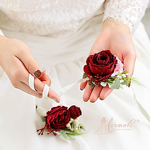 Hermoli Bridal Wrist Corsage Set Rose Flowers Bride Bridesmaid Hand Flower Ribbon Bracelet for Wedding Prom Party