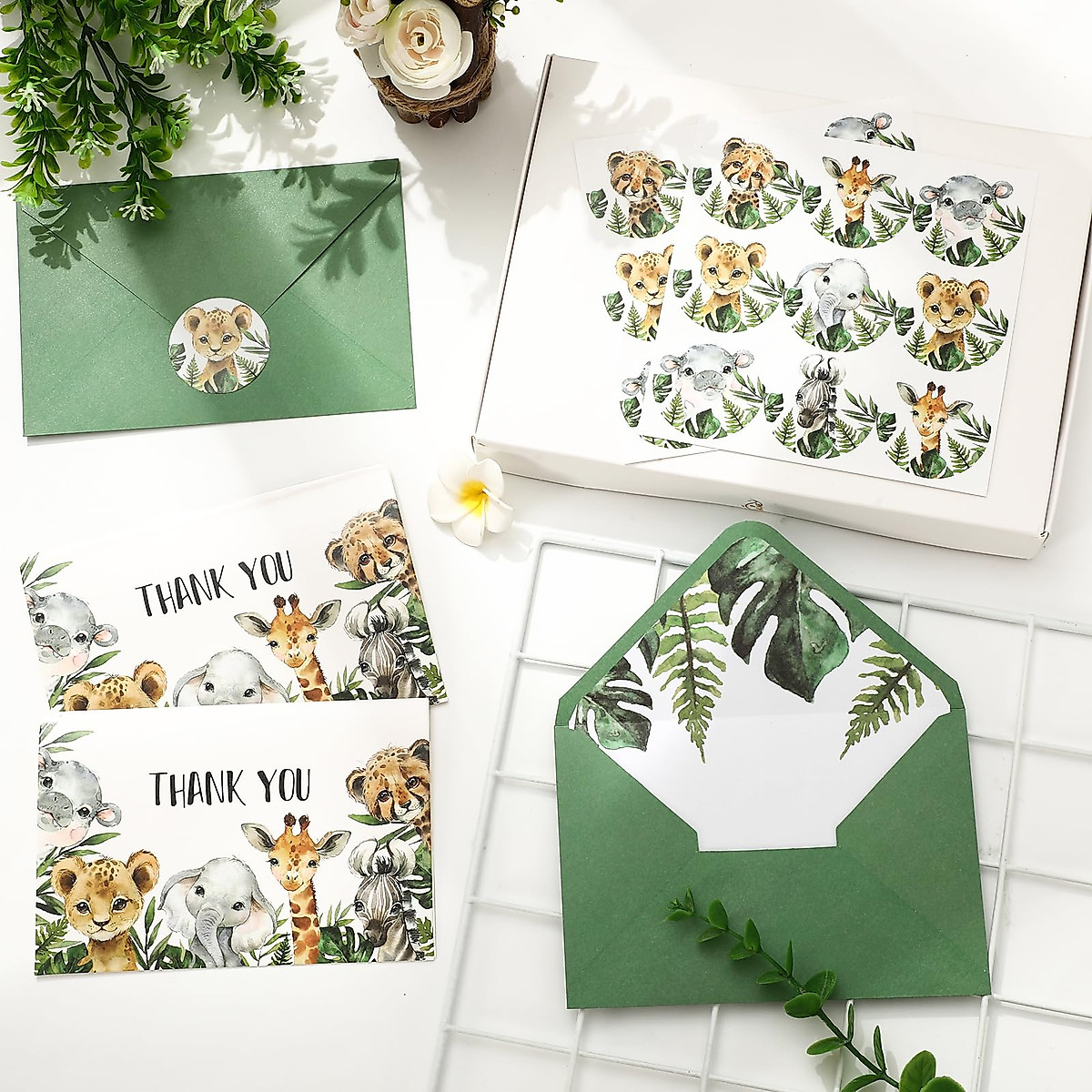Whaline 50 Pack Safari Jungle Thank You Cards with Envelopes Stickers Jungle Animal Greeting Cards Watercolor Forest Animal Cartoon Blank Note Cards for Birthday Baby Shower Party Supplies