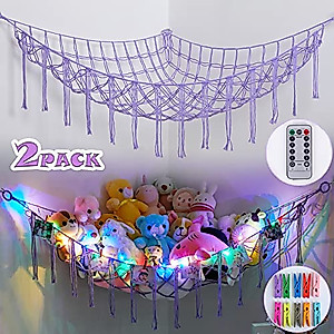 2 Pack Beinou Stuffed Animals Net Or Hammock Stuffed Animal Storage With Led Lights Hanging Plush Toy Hammock Corner Toy Storage For Kids Playroom Nursery Decor