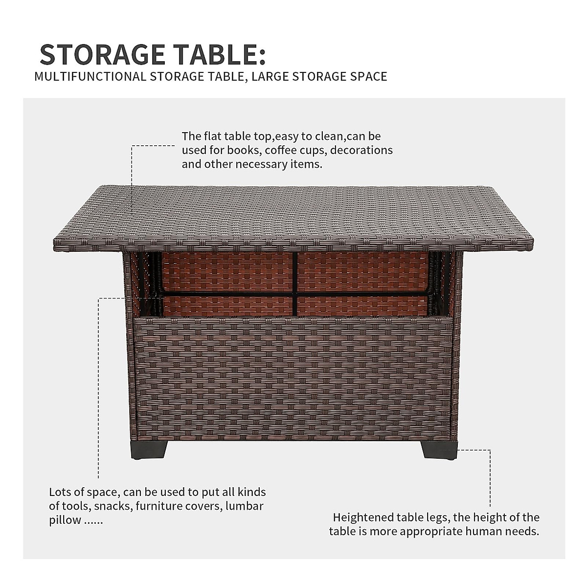 Valita 9-Piece Patio Rattan Furniture Set with Storage Table Outdoor Sectional Conversation Couch Brown PE Wicker Sofa with Washable Navy Blue Cushions