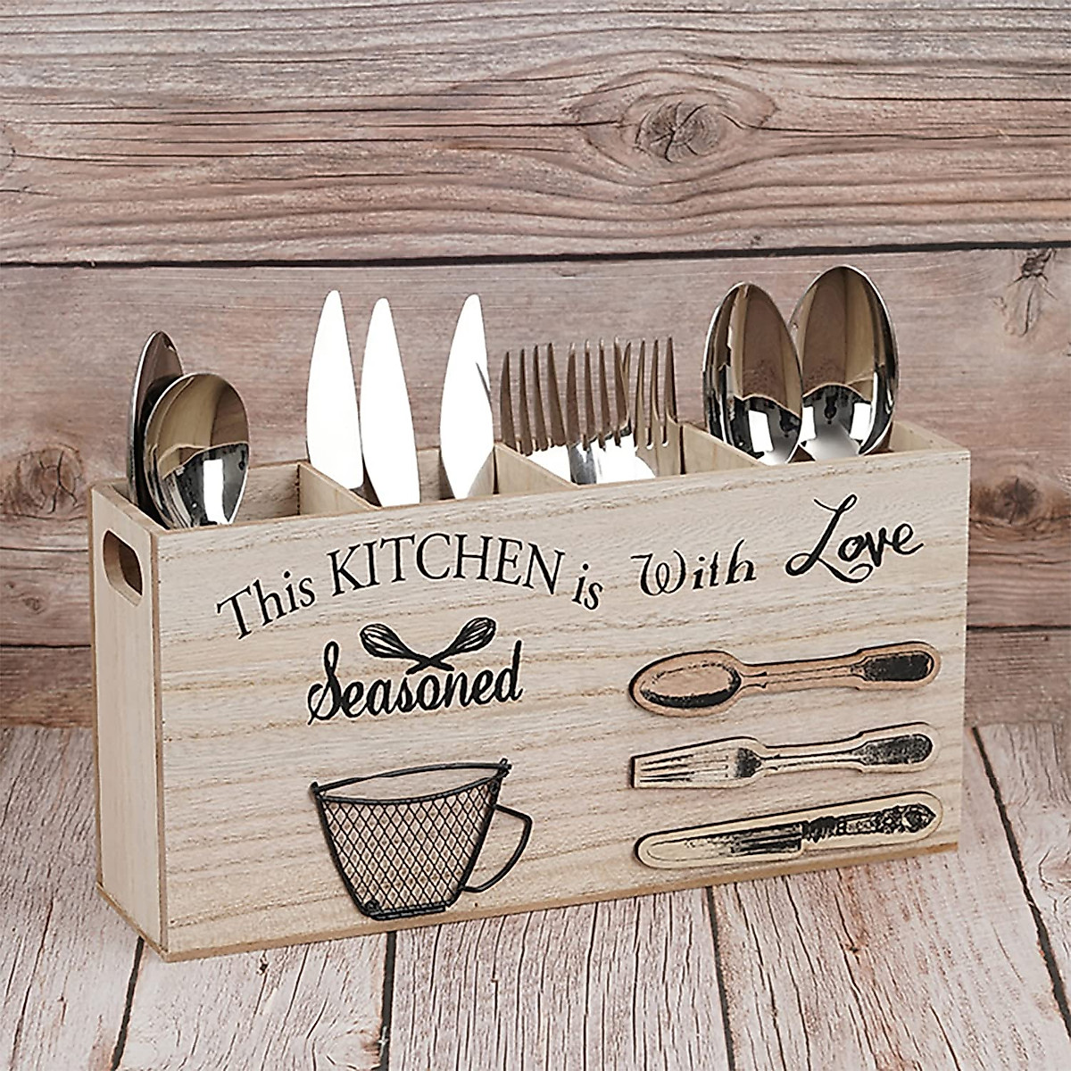 CBEYNCHOS Wooden Utensil Holder Cutlery Caddy,Flatware Organizers in Rustic Wood for Forks Spoons Knives Cooking Tools,Kitchen Table Decor for Party Bar Hotel and Home use