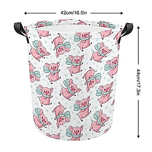 Cute Cartoon Pigs Foldable Laundry Basket Waterproof Hamper Storage Bin Bag with Handle 16.5"x 16.5"x 17"