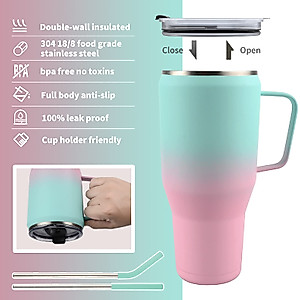 MUCHENGHY 40 oz Tumbler with Handle and Straw Lid, Leak Proof Double Vacuum Stainless Steel Tumblers Insulated Travel Coffee Mug with Lids Green Pink