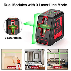AmzGod Self Leveling Laser Level - 100ft/30m Green Cross Line Laser Level Line Tool with Dual Modules, 3 Brightness Adjustments, Manual and Pulse Mode, IP54 Waterproof, 360° Rotatable Magnetic Bracket