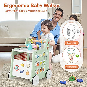 HONEY JOY Baby Push Walker, 6-in-1 Wooden Play Kitchen Walker Activity Center w/Shape Sorter, Develop Motor Skills & Creativity, Push Toys for Babies Learning to Walk, Gift for Boys and Girls
