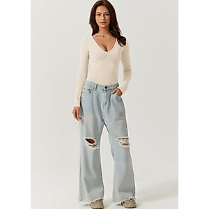 QINSEN High Stretch Bodysuit Shirt for Women Soft Breathable V Neck Ribbed Knit Top Beige M