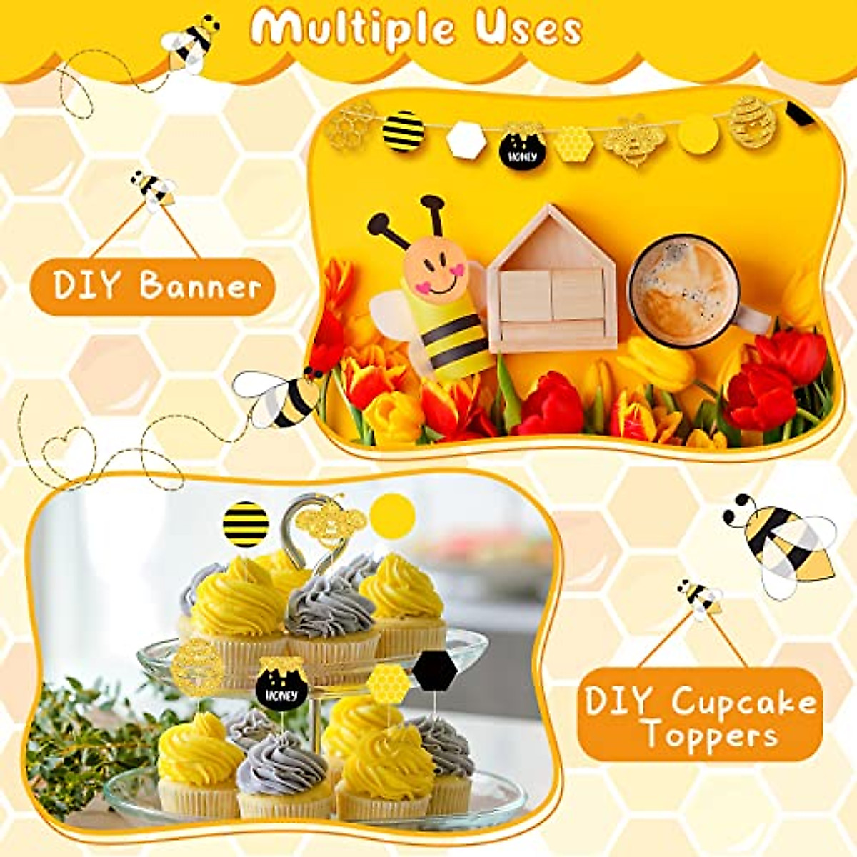 540 Pieces Bee Confetti Gold Glitter Bee Dot Stripes Confetti Yellow Black Circle Confetti Honeycomb Hexagon Confetti for Bee Themed Baby Shower Birthday Table Decoration