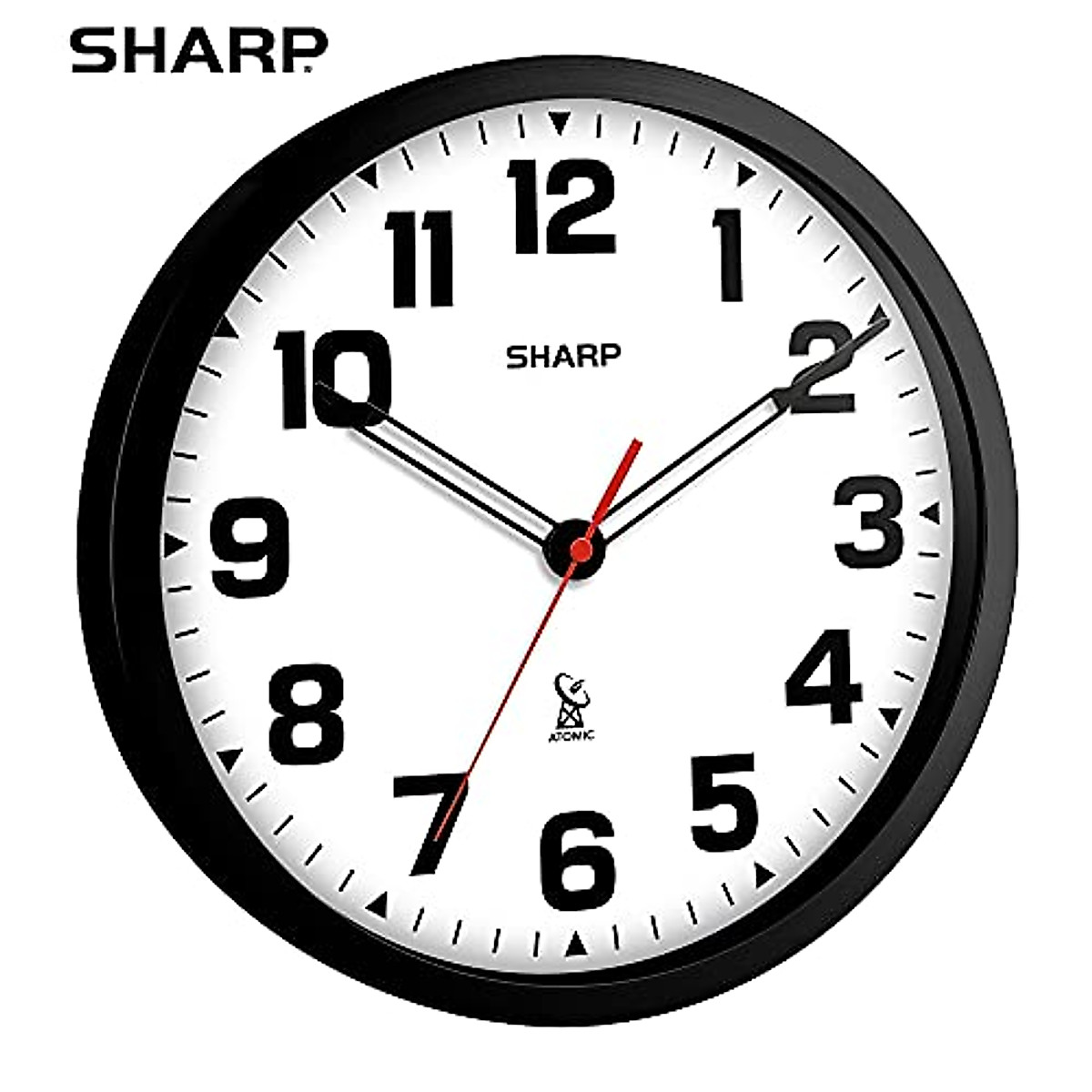 SHARP Atomic Analog Wall Clock - 12" Black Stylish Frame - Sets Automatically- Battery Operated - Easy to Read - Easy to Use – Modern Design and Style