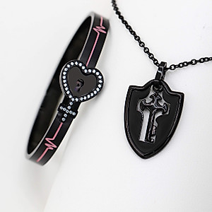 Stainless Black Heart Lock Bangle Heartbeat Line CZ Pave Cross Cuff Bracelet with Shield Key Pendant Necklace Couples Set (Heart, Black)