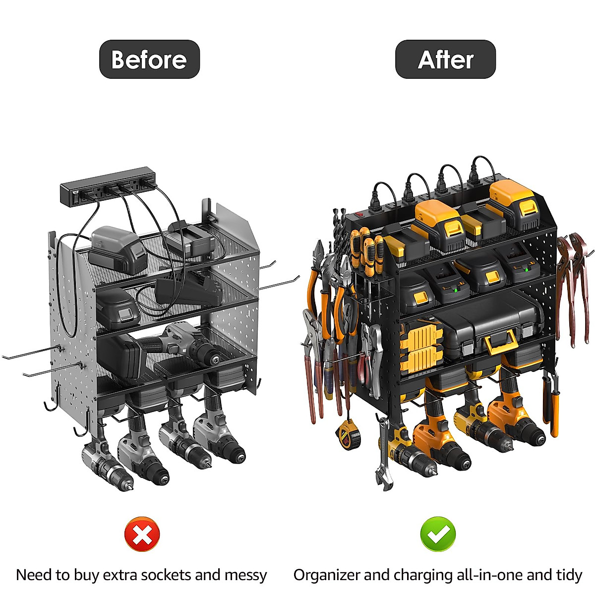 CCCEI Modular Pegboard Rack Power Tool Organizer with Charging Station. 4 Layer Wall Mount Drill Holder, Mechanic Tool Battery Charger Organizer. Garage Shop Storage Utility Shelf with Power Strip.