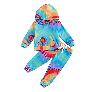 Toddler Baby Girl Boy Tie Dye Clothes Hoodie Long Sleeve Sweatshirt Top Drawstring Pants 2PCS Fall Winter Outfit Set (Tye Die Blue+Yellow, 2-3 T)