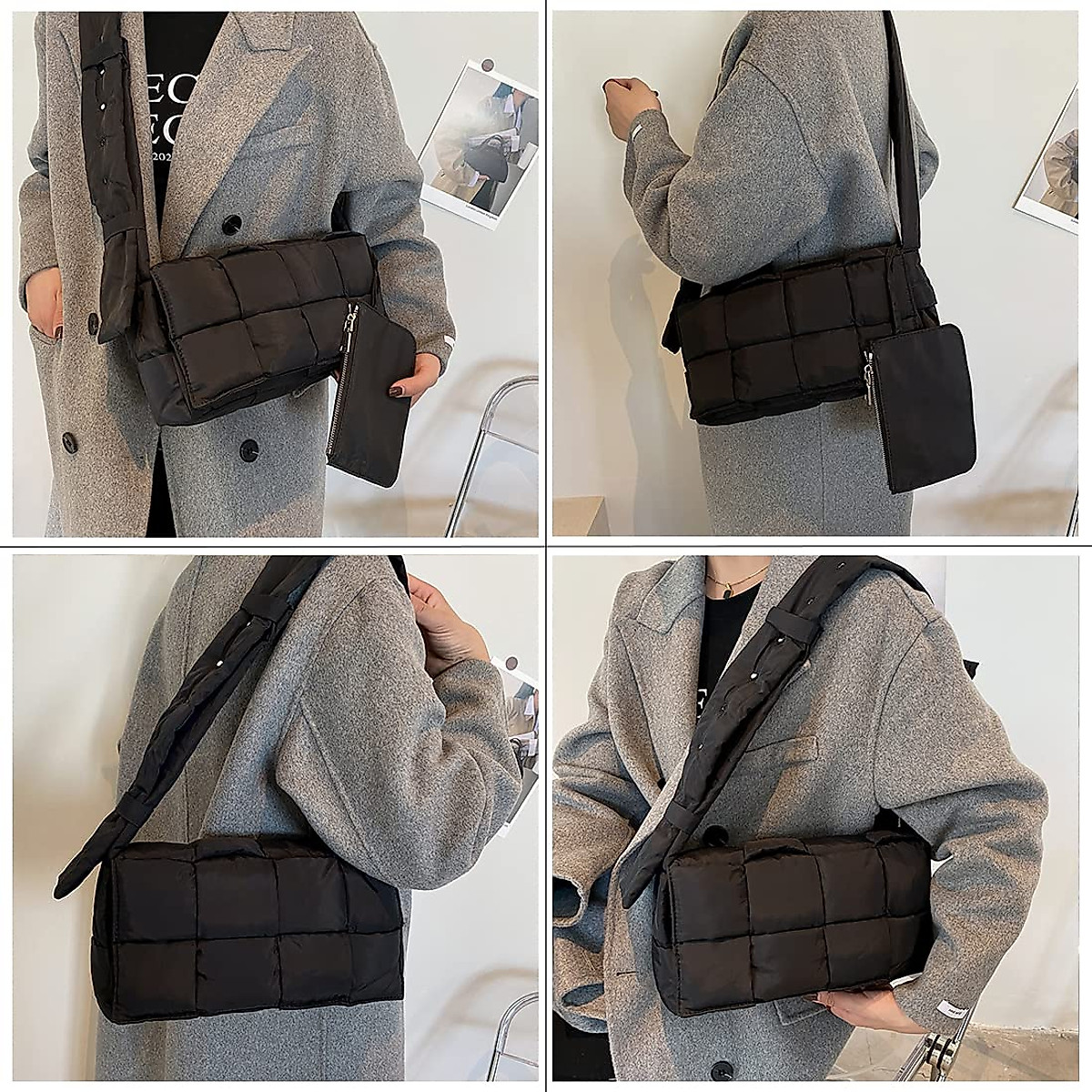 YILINRUI Woven Cotton Padded Women Shoulder Bag Brands Designer Stuffing Down Crossbody Bags for Women 2021 Knitting Handbag (Black)