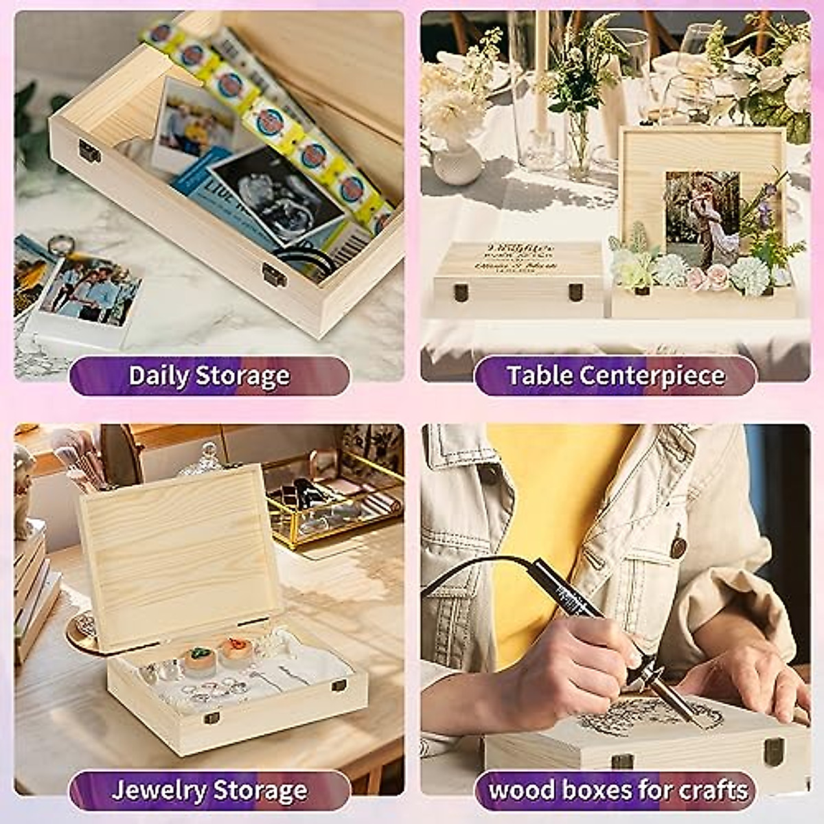 ZKHOB 2 Pack Unfinished Wooden Box with Lid Small Wood Boxes(12 x 9x 3.1 inch) Natural Pine Wooden Box for Crafts,Wooden Gift Boxes,Memory keepsake Box Jewelry Box Decor Storage