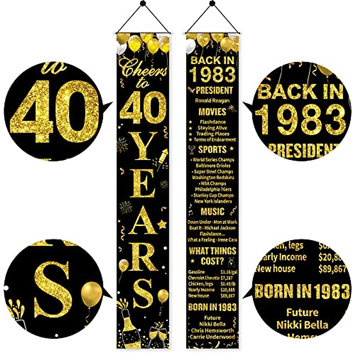 40th Birthday Door Banner Decorations for Women Men, Black Gold Happy 40th Birthday Back in 1983 Porch Sign Party Supplies, Forty Years Old Birthday for Outdoor Indoor
