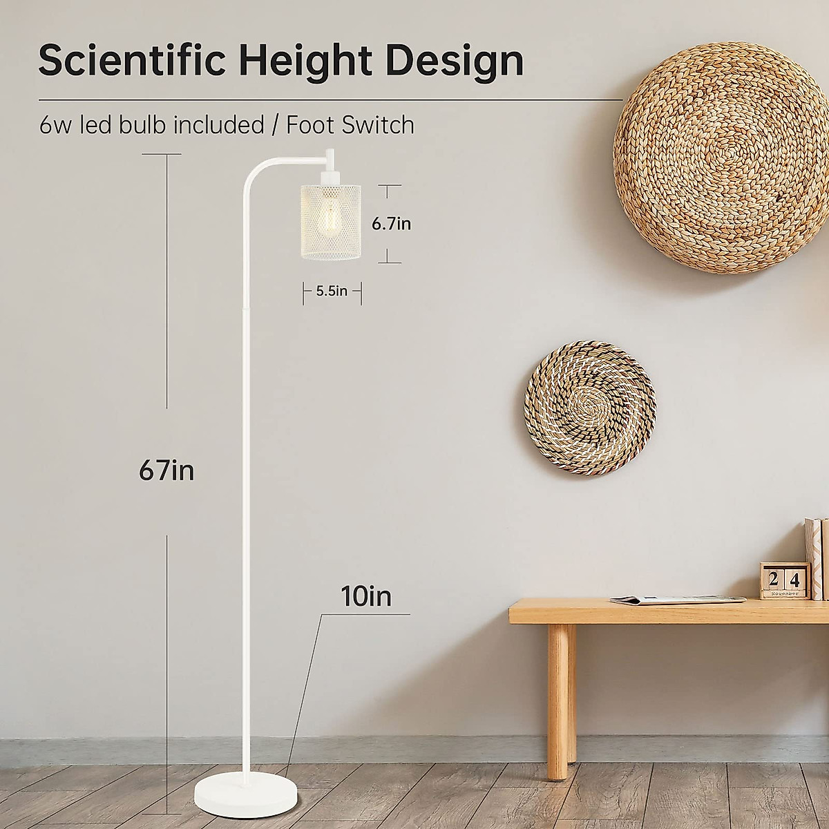 BoostArea White Industrial Floor Lamp, 67 Inch Modern Standing Lamp with Iron Mesh Lampshade, 6W LED Stand Up Lamp for Living Room, Bedroom, Office, Den