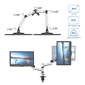SHOPPINGALL Fully Adjustable Dual Gas Spring LCD Monitor Mount Stand with 2 Arm for 15”-32” Monitors, Clamp and Grommet Mounting Options in The Box, 6 ft HDMI Cable included - SA-GA24-White