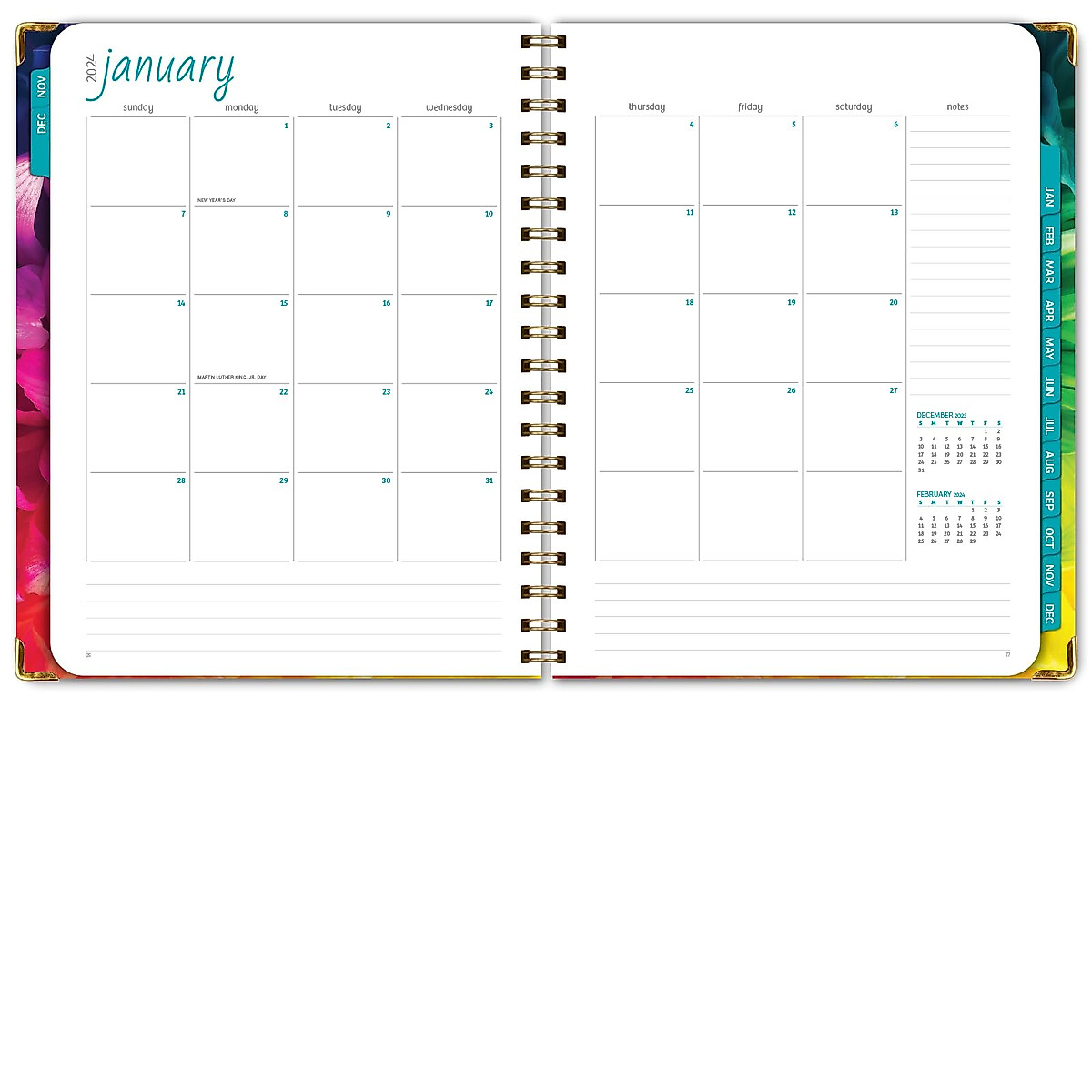 Global Printed Products, HARDCOVER 2024 Planner: (November 2023 Through December 2024) 8.5"x11" Daily Weekly Monthly Planner Yearly Agenda. Bookmark, Pocket Folder & Sticky Note Set (Rainbow Petals)