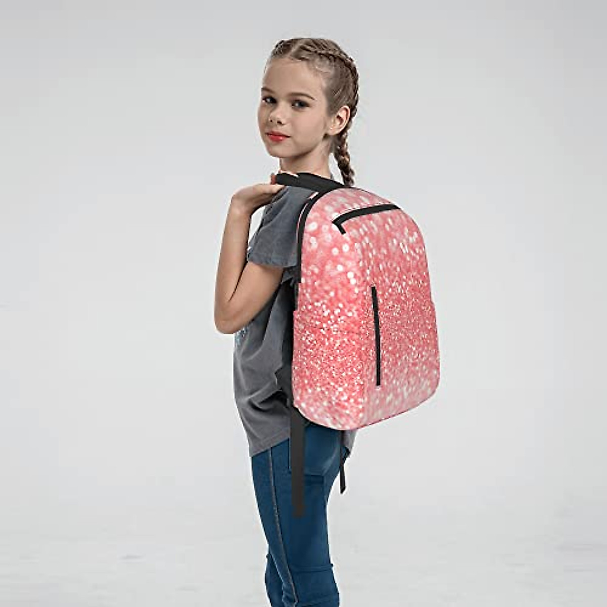 FUFUMALL 14.7 Inch Bookbag Backpack Lightweight Zipper Daypack, Pink Glitter Sparkle Cute Small Backpacks Book Bag with Pockets/Shoulder Staps for 1th- 6th Grade Girls Boys Students
