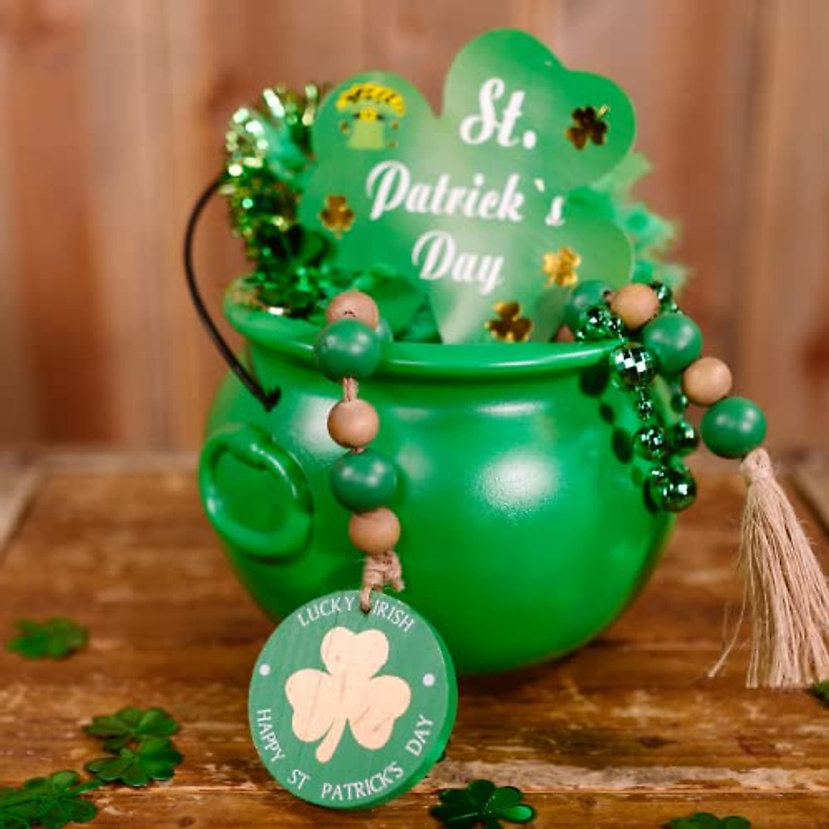8" St Patricks Day Pot of Gold Decorations Plastic, Green Pot of Gold Cauldron Plastic Bucket Decor for St Patricks Day Table Decorations, & Centerpiece by 4E's Novelty