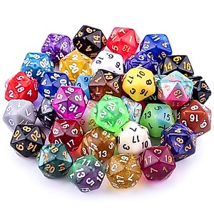 AUSTOR 35 Pieces Polyhedral Dice 20 Sided Game Dice Set Mixed Color 20 Sides Dice Assortment with a Black Velvet Storage Bag for DND RPG MTG Table Games