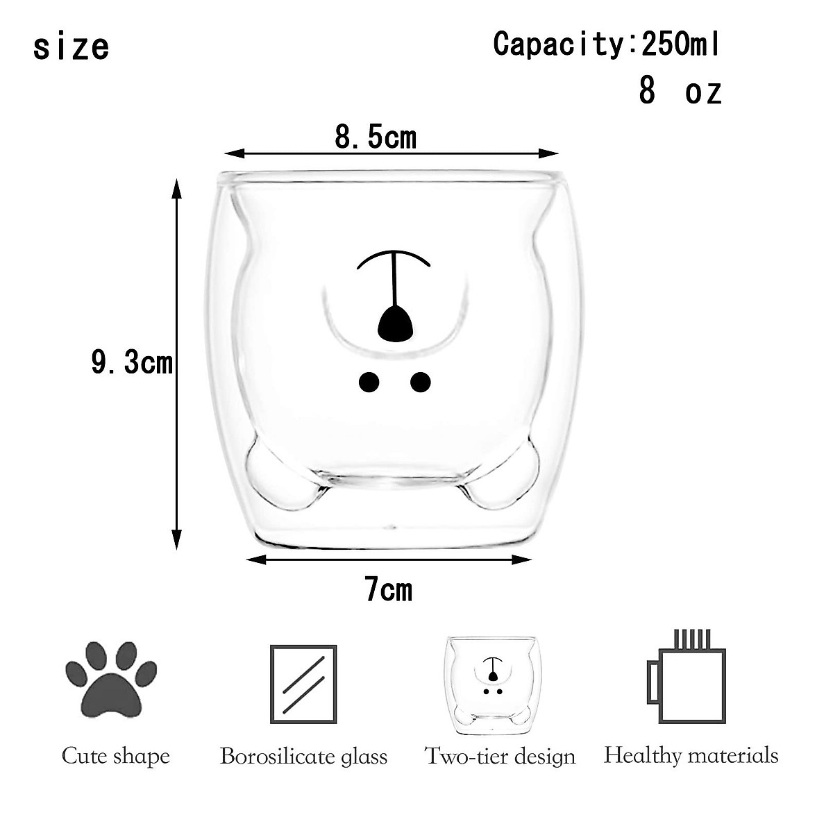 QIJIAHUI Glass Bear Coffee Mugs, Capacity 8 oz 250ML, Double Wall Insulated Cute Kids Coffee Milk Beer Cups for Latte, Cappuccino, Americano, Tea (Clear-glass Set of 2)