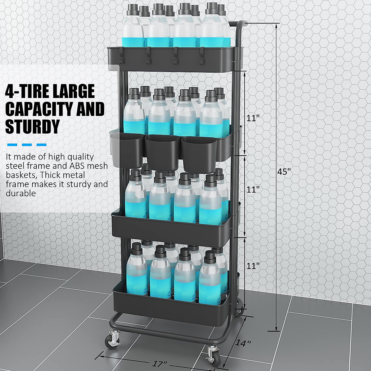 Devo 4 Tier Utility Rolling Cart, Heavy Duty Storage Cart, with Handle, 4 Side Hooks, 2 Storage Cups and Lockable Wheels, Organizer Cart for Bathroom Kitchen Office Classroom, Black