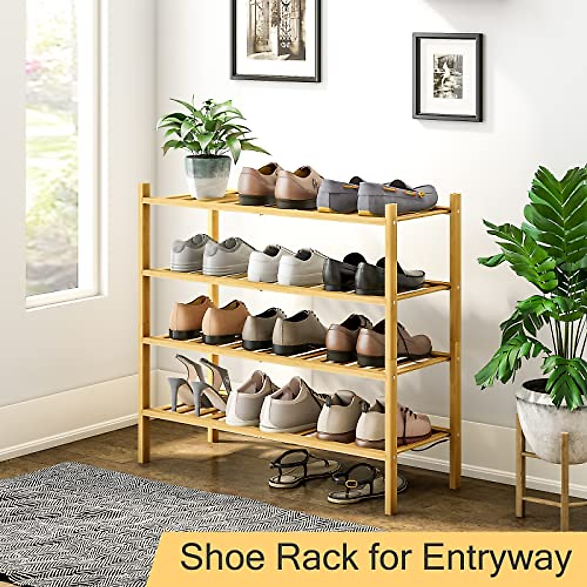 4-Tier Bamboo Shoe Rack for Entryway, Stackable | Heavy Duty | Multi-Function, Free Standing Shoe Racks for Bedroom Hallway Closet
