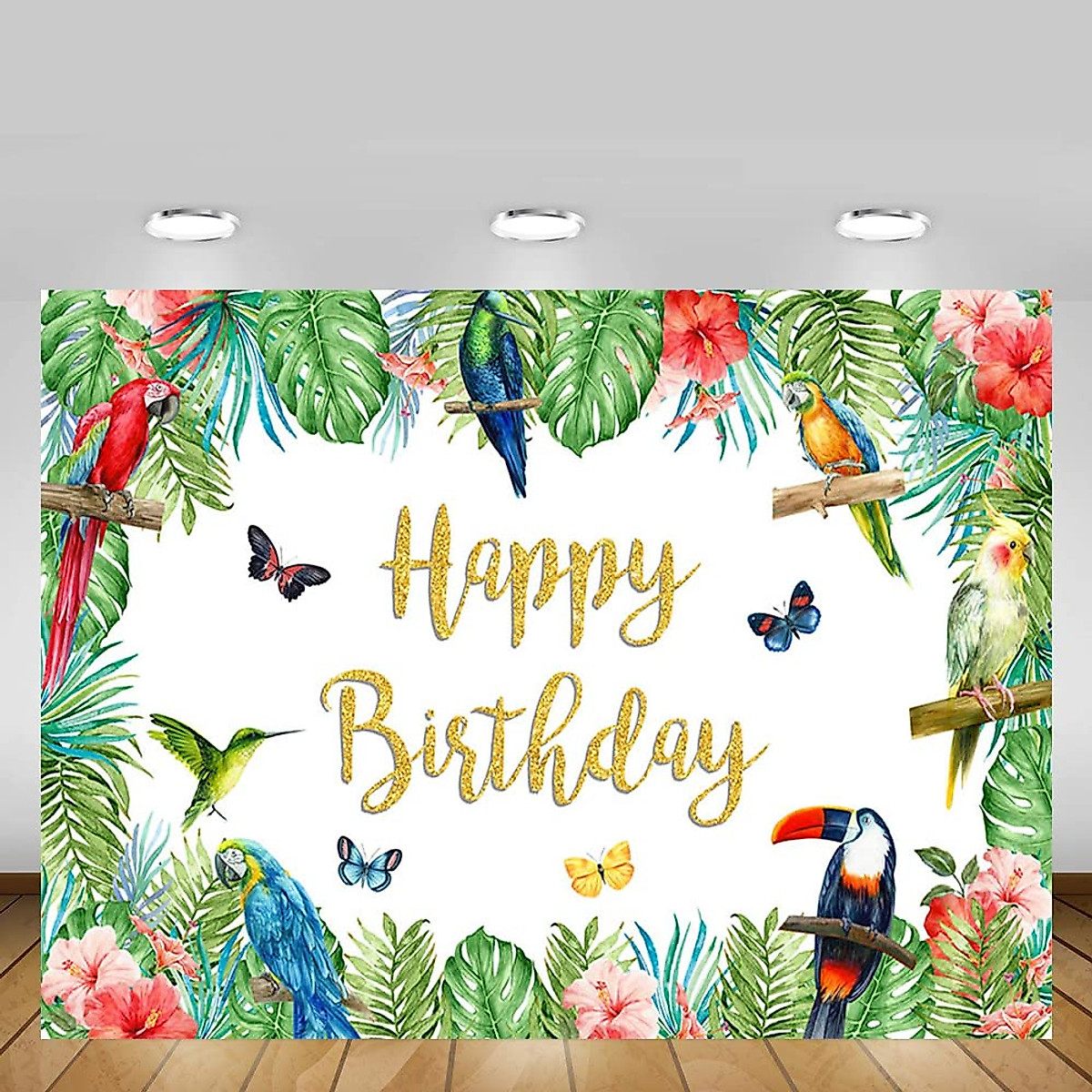MEHOFOND 7x5ft Tropical Bird Birthday Backdrop Summer Toucan Palm Leaves Gold Glitter Happy Birthday Banner Photography Background Parrot Hummingbird Luau Decoration Photobooth Props