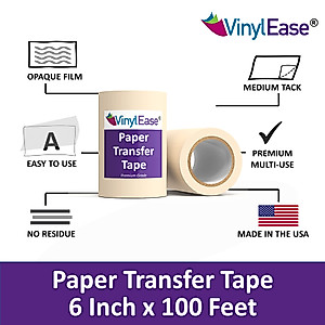 Vinyl Ease 6 inch x 100 feet roll of Paper Transfer Tape with a Medium to High Tack Layflat Adhesive. Works with a Variety of Vinyl. Great for Decals, Signs, Wall Words and More. American Made V0820