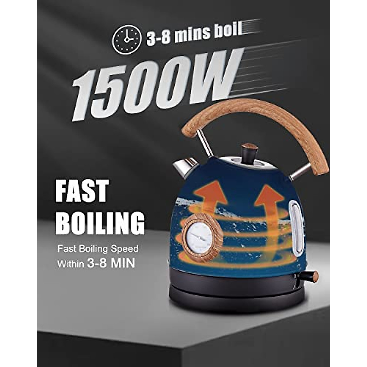 Electric Kettle, Talafa 1.7L / 1500W Retro Electric Tea Kettles for Boiling Water, Stainless Steel Hot Water Boiler with Thermometer, Auto Shut-off & Boil-Dry Protection, Anti-scald Wood Handle