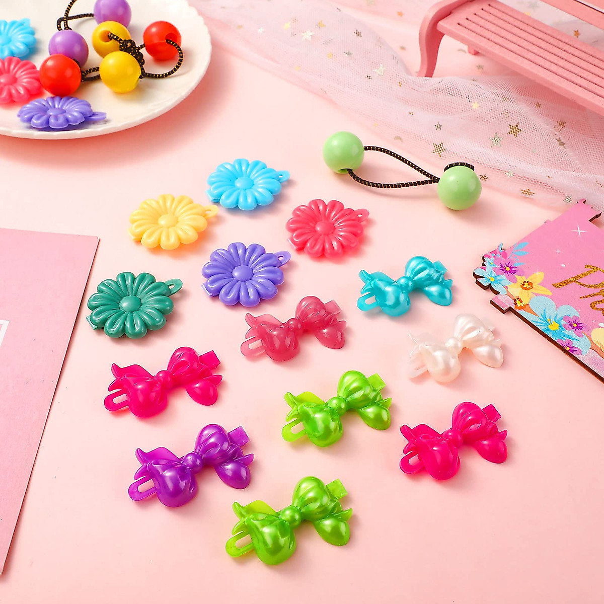 100 Pcs Hair Barrettes with Flower, Bow & Cartoon Designs - Self-Hinge Plastic Pins for Baby Girls, Toddlers (Cool)