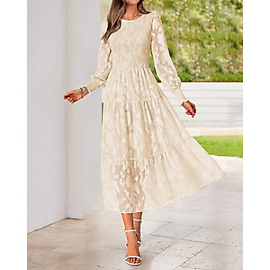 BTFBM Casual Women's 2025 Fall Dresses Elegant Wedding Guest Dress Long Sleeve Floral Midi Dress Flowy Bohemian Long Dress(Apricot,Small)