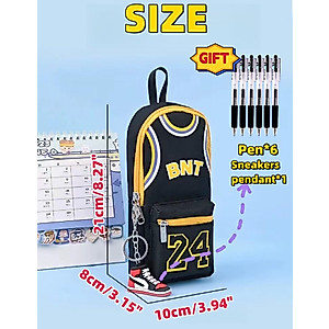 UIVXXUD Basketball Jersey-style Large Opening Large Capacity Simple Vertical Canvas Pencil Bag Pencil Case Pencil Holder - Include Sneakers Pendant and Pen (Black)