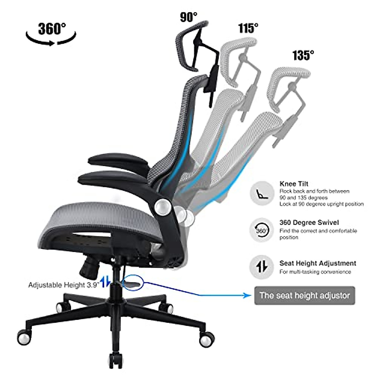 X XISHE Office Chair, Ergonomic Mesh Office Chair, High Back Desk Chair - Adjustable Headrest with Flip-Up Arms, Tilt Function, Lumbar Support, and PU Wheels, Swivel Computer Task Chair
