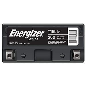 Energizer - ET16L T16L AGM Motorcycle and ATV 12V Battery, 260 Cold Cranking Amps and 19 Ahr. Replaces: CTX19L-BS, T16L and others