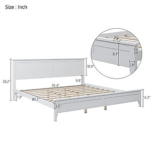 LZ LEISURE ZONE King Size Platform Bed, Modern Solid Wood King Platform Bed Frame, No Box Spring Needed, White